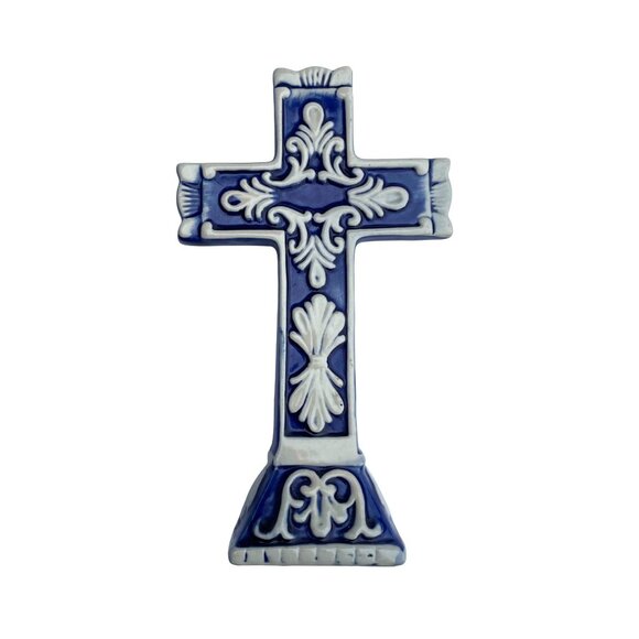 Accents | Vintage Cobalt Blue White Ceramic Cross Christian Decor ...